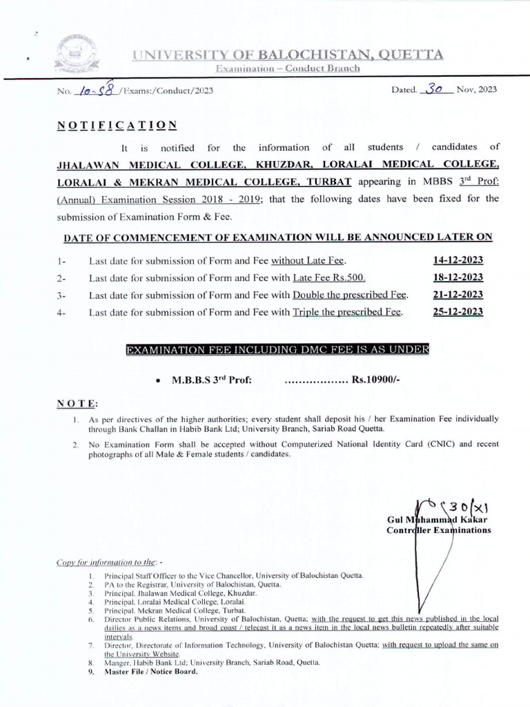 Notification MBBS (MLJ) 3rd Proff (Annual) Exam 18-19 | PDF