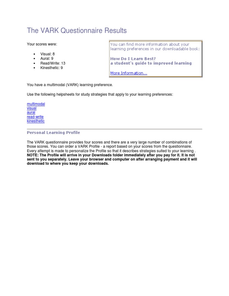 The VARK Questionnaire Results | PDF | Teaching | Educational Psychology