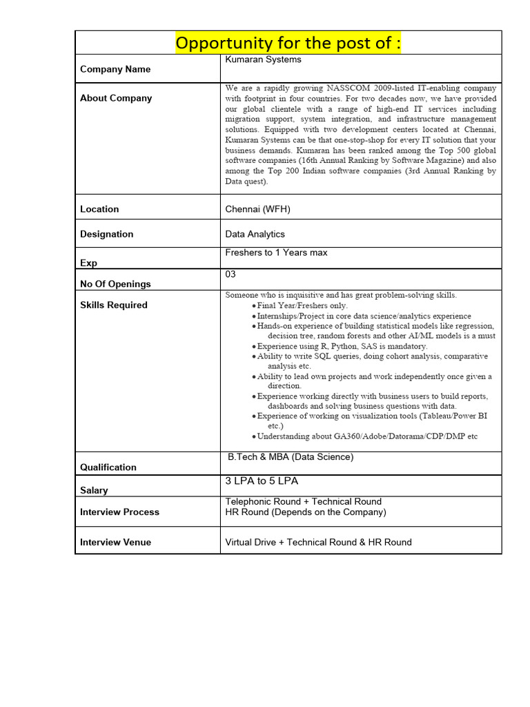 Kumaran Systems Chennai JD Format | Download Free PDF | Analytics | Data