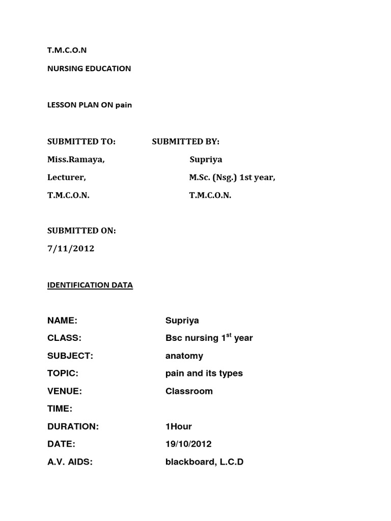 Pain Lesson Plan | PDF | Pain | Feeling