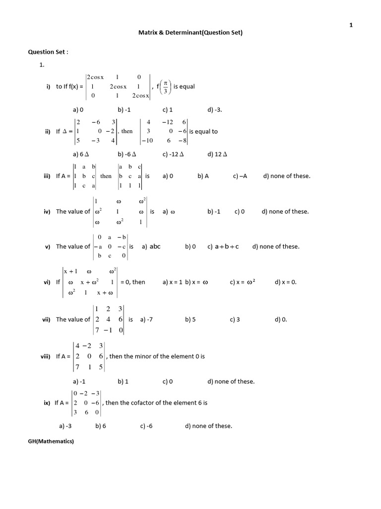 Matrix and Determinant (Question Set) | Download Free PDF | Matrix (Mathematics) | Mathematical ...
