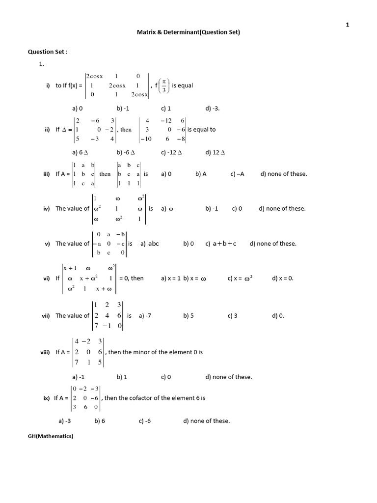 Matrix and Determinant (Question Set) | PDF | Matrix (Mathematics) | Algebra