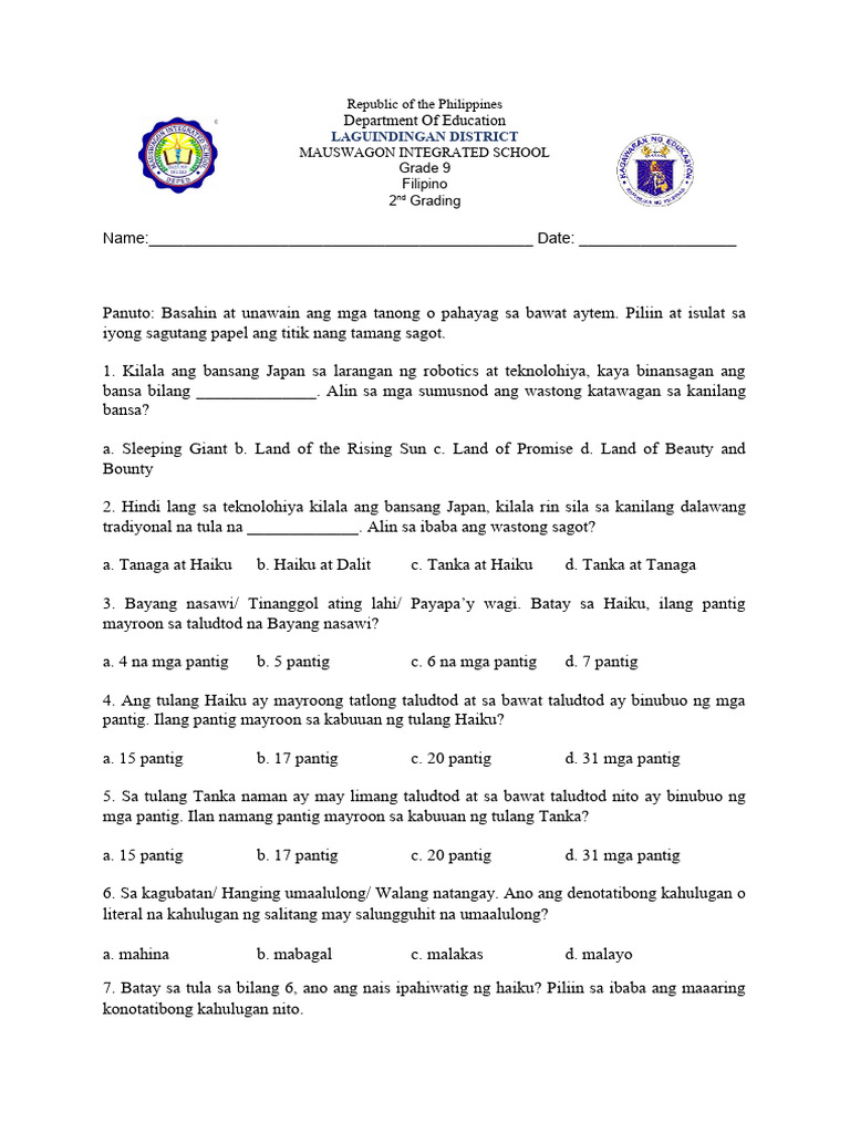 Filipino 9 2nd Exam | PDF