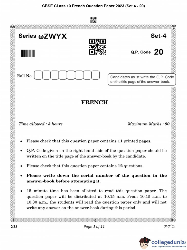 Class 10 French Cbse QP 2023 | PDF Class 10 French Cbse QP 2023 | PDF