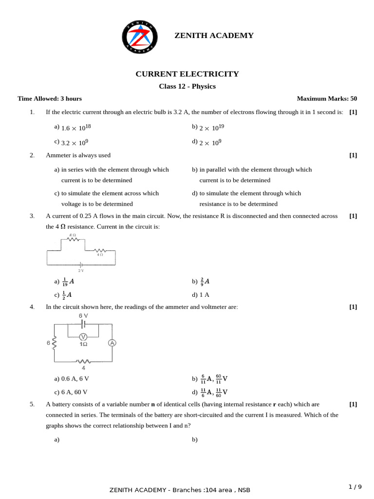 Current Electricity Worksheet | PDF | Series And Parallel Circuits ...