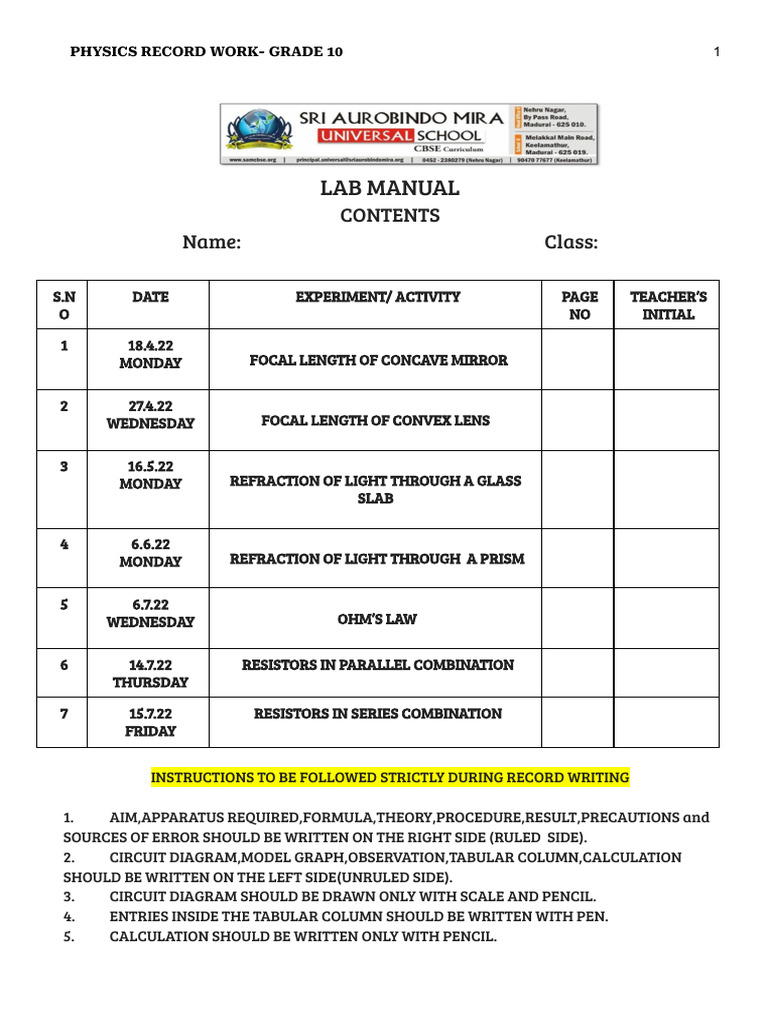 GR 10 - Phy Record | PDF | Physical Sciences | Optics