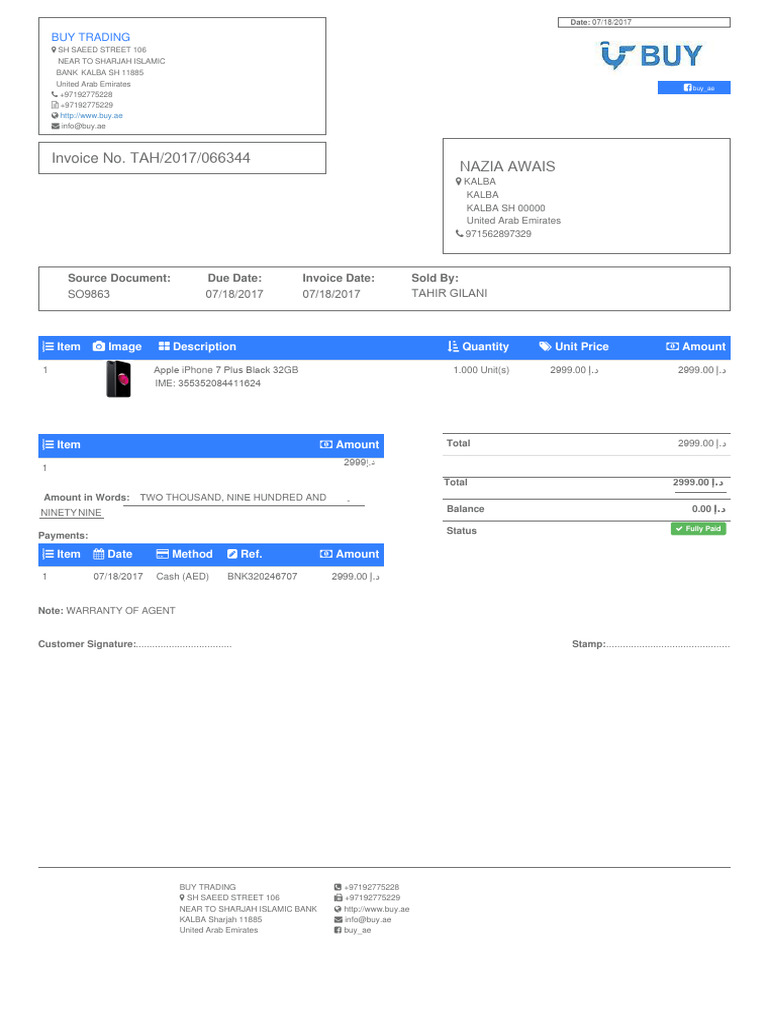 Invoice No. TAH/2017/066344 Nazia Awais: Sold By: Invoice Date: Due ...