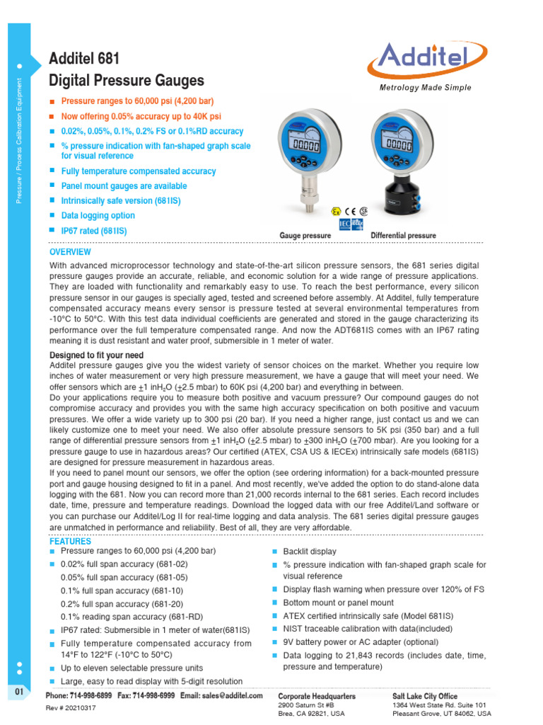 681 Digital Pressure Gauge Datasheet | PDF | Pressure Measurement | Calibration