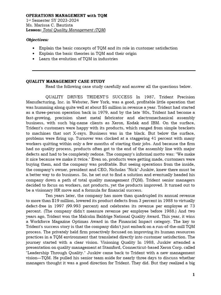 TQM Worksheet | PDF | Job Satisfaction | Empowerment