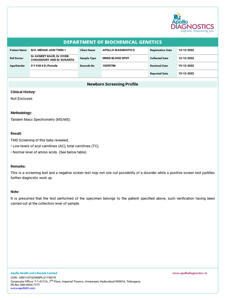 Baby of Mehak Jain Twin 1 Imd Report | PDF | Biomolecules | Metabolism Baby of Mehak Jain Twin 1 Imd Report | PDF | Biomolecules | Metabolism