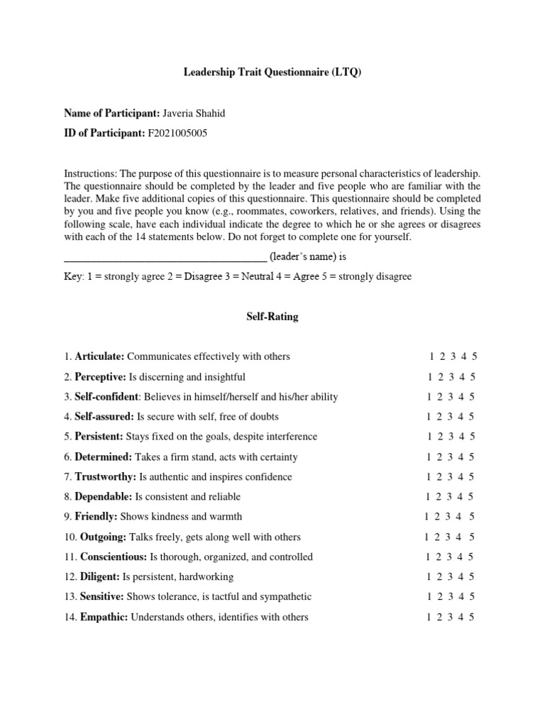 Leadership Trait Questionnaire | PDF