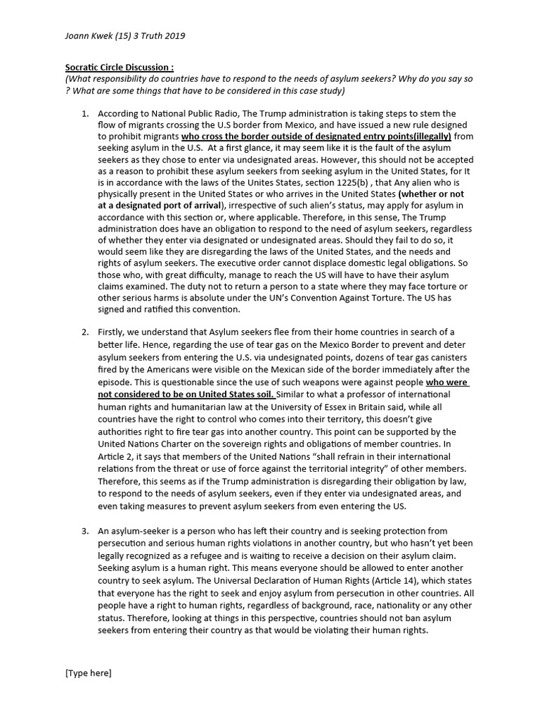 Socratic Circle Discussion | PDF | Asylum Seeker | Immigration