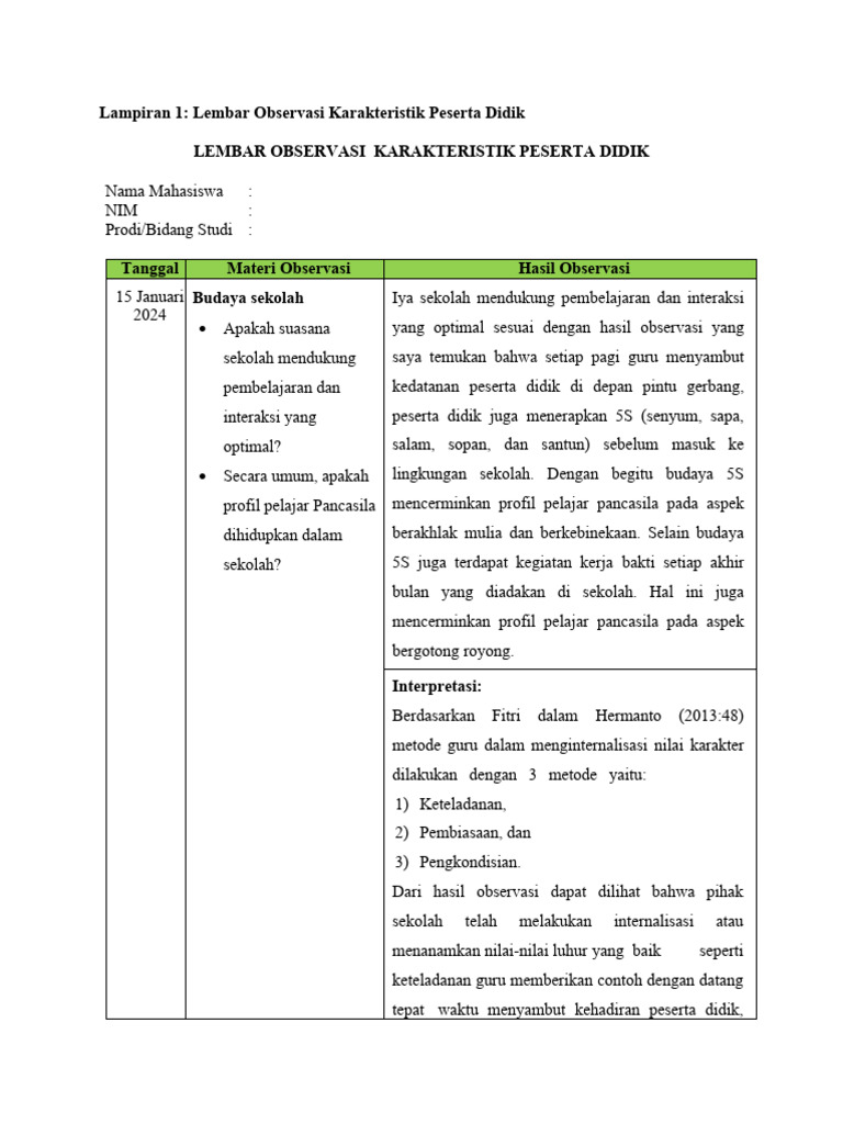 PPL 1 - TOPIK 2 LK 2b-Lembar Observasi Karakteristik Peserta Didik | PDF