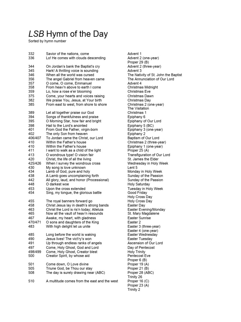 LCMS Worship Hymn of The Day List by LSB Number | PDF | Trinity | Jesus