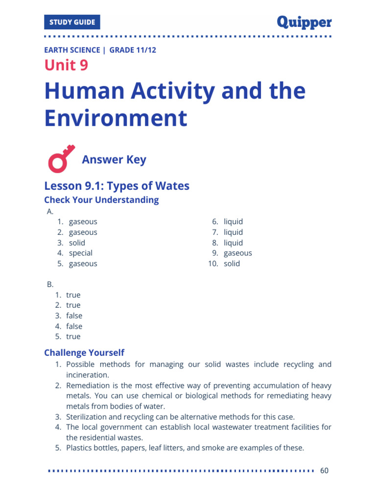 Earth Science SHS Unit 9 Human Activity and The Environment (Answer Key ...