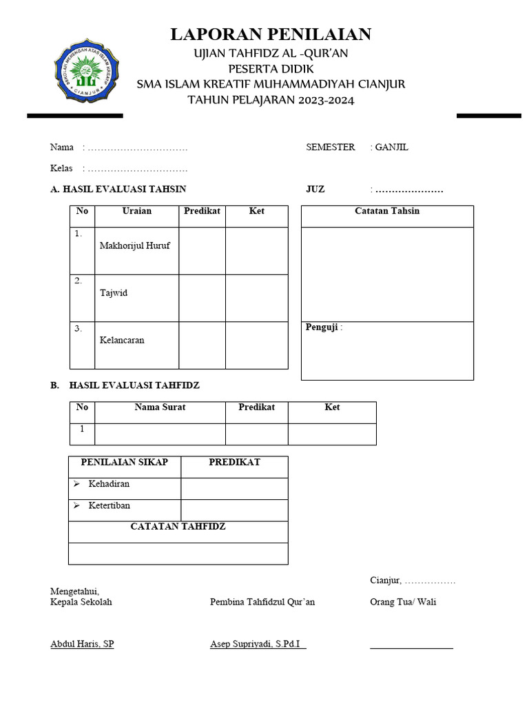 Format Laporan Ujian Tahfidz Semester Ganjil 2023-2024 | PDF