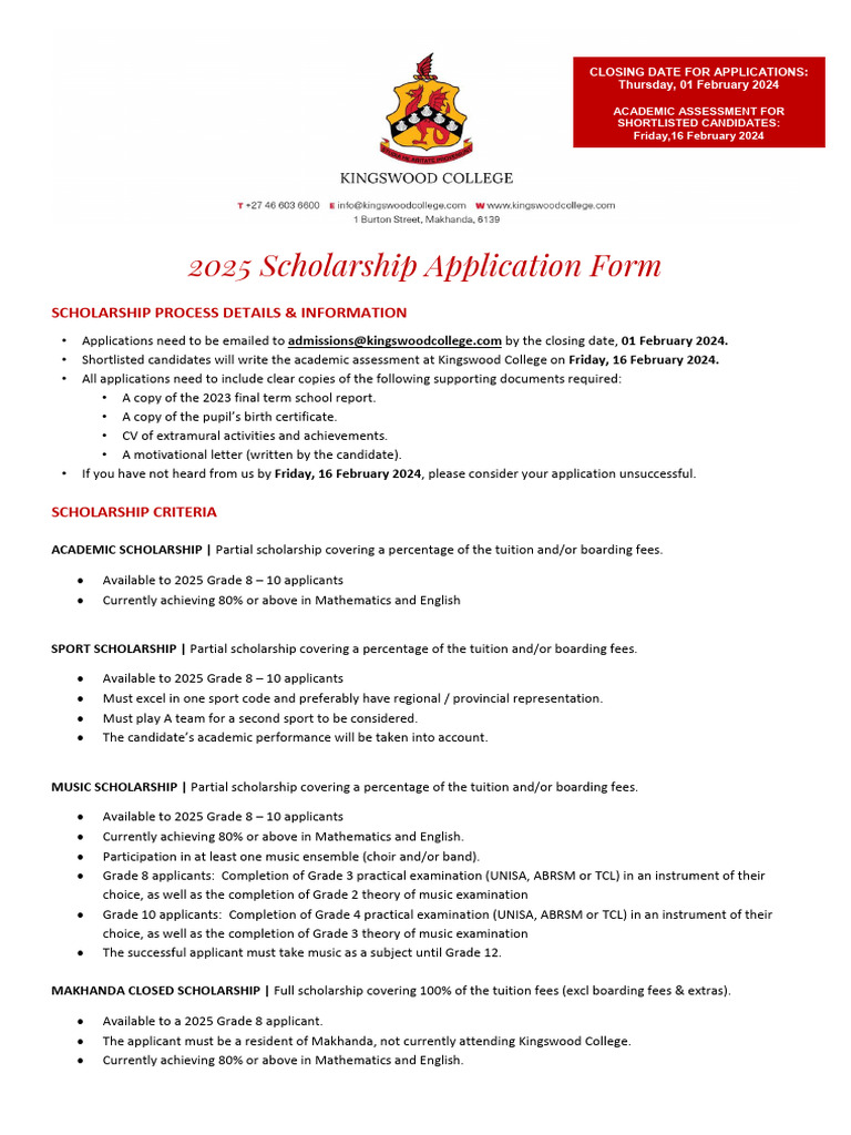 Kingswood College 2025 Scholarship Form | PDF