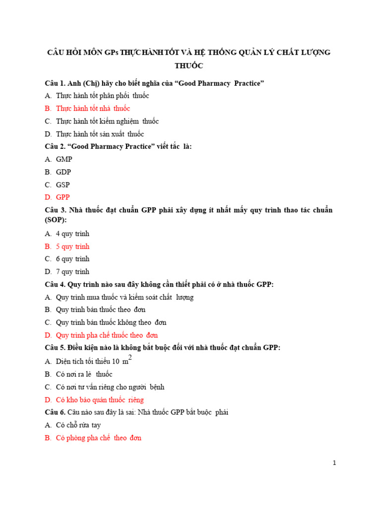 Xemtailieu Cau Hoi Mon Thuc Hanh Tot Gps GSP GPP GDP GLP GMP | PDF