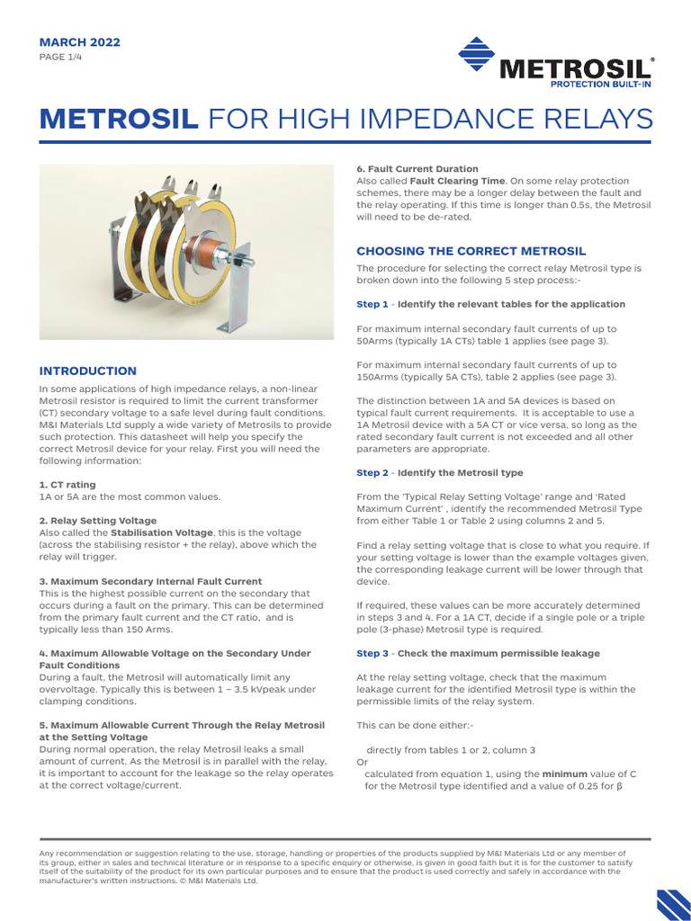Metrosil For High Impedance Relays | PDF | Relay | Electrical Components