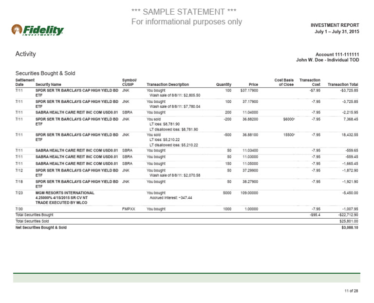 Sample New Fidelity Acnt STMT Pages 11 | PDF | Exchange Traded Fund ...
