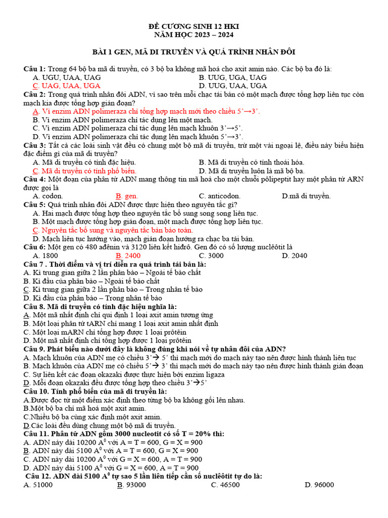 ĐỀ CƯƠNG SINH 12 HKI GV | PDF