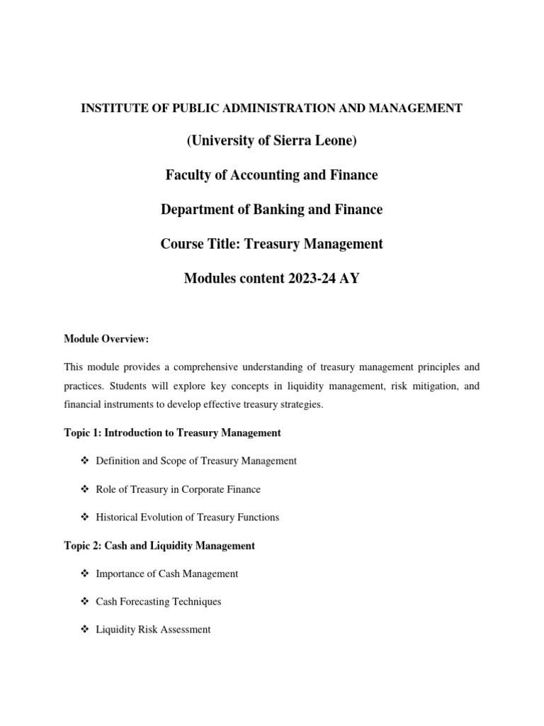 Treasury Management Module Outline | PDF | Market Liquidity | Risk
