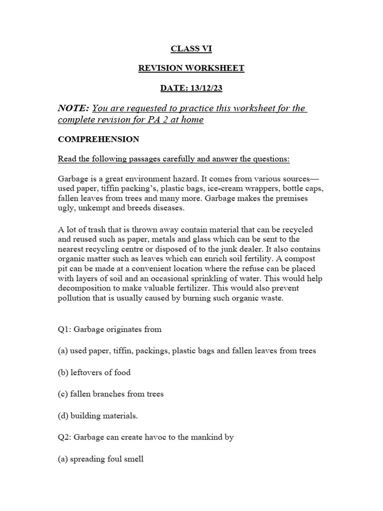 Class Vii Pa2 Worksheet | PDF | Waste | Verb
