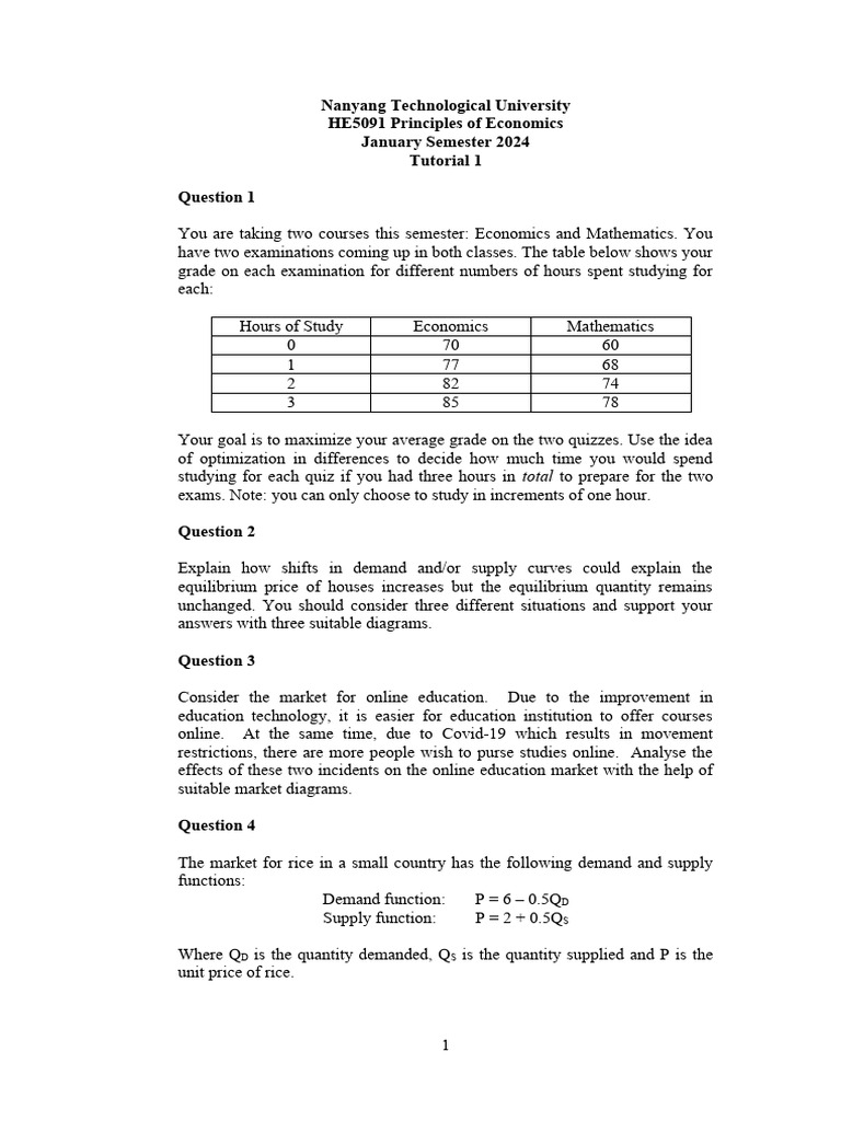 HE5091 Jan 2024 Tutorial 1.student Version | PDF | Economic Equilibrium ...