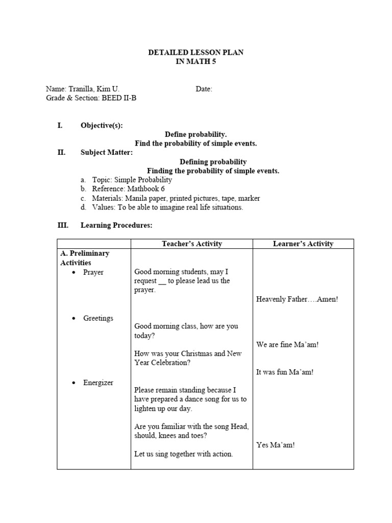 Math Lesson Plan | PDF | Probability | Sampling (Statistics)