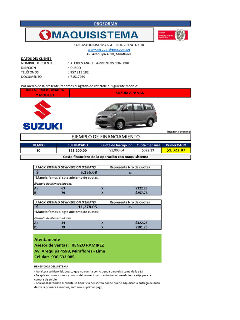 PROFORMA ALCIDES ANGEL BARRIENTOS CONDORI - SUZUKI APV VAN | PDF