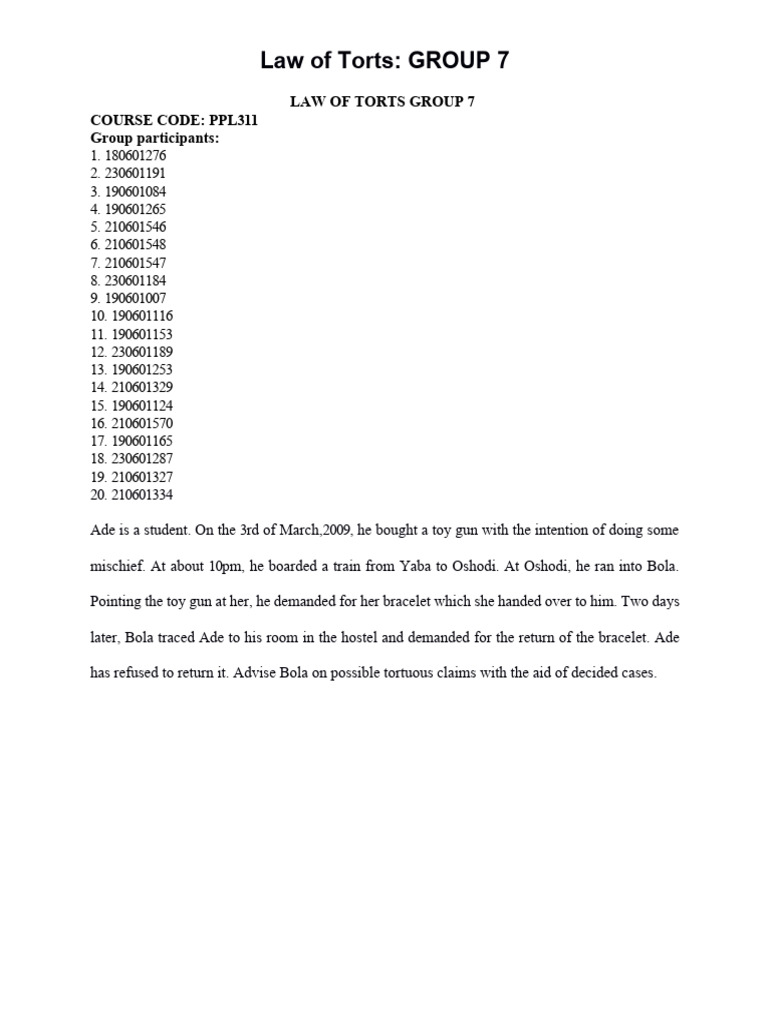 Group 7 Torts Assignment | PDF | Conversion (Law) | Damages