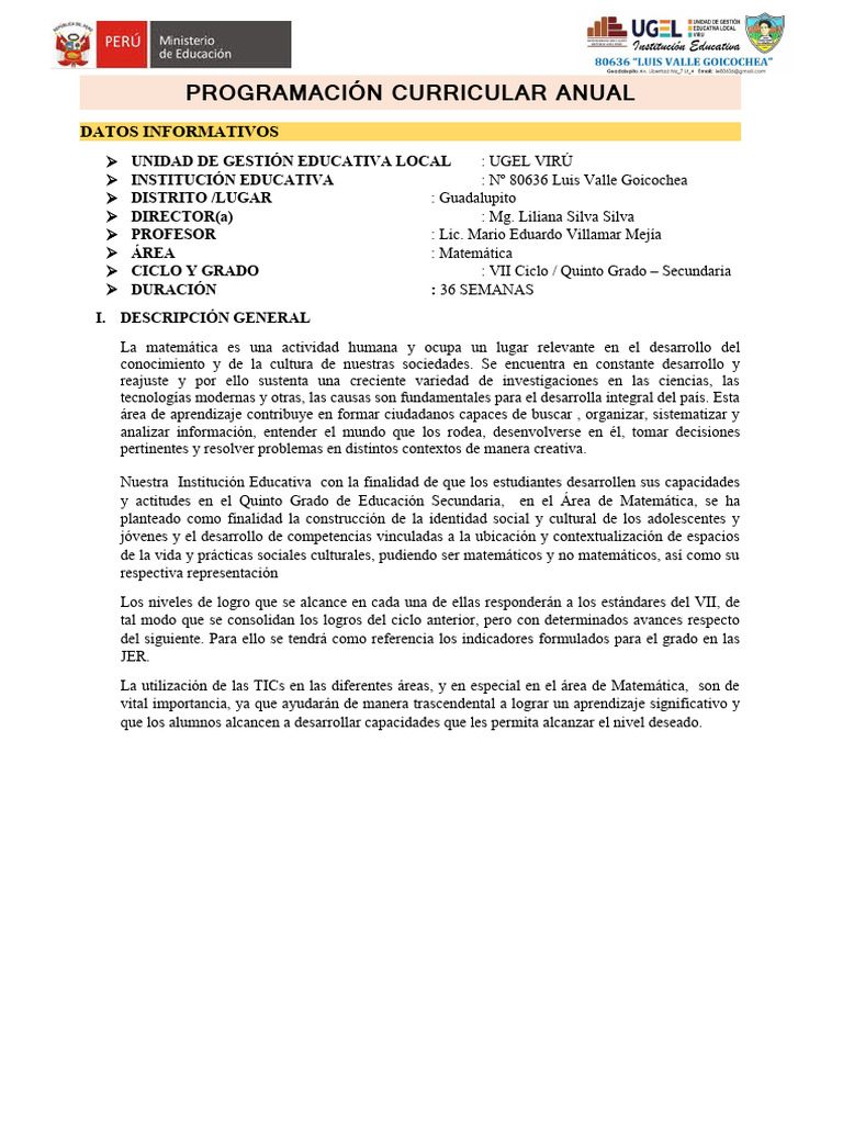 PROGRAMACIÓN CURRICULAR ANUAL 5to de SECUNDARIA | PDF | Ecuaciones | Geometría