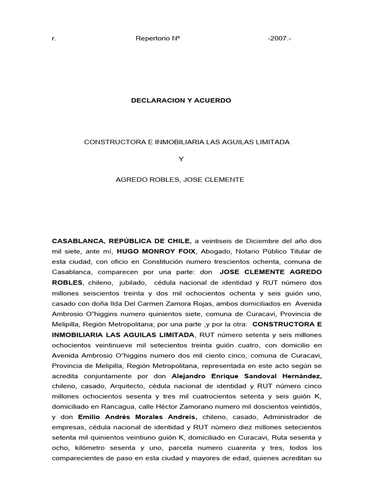 Contrato de Acuerdo Constructora Las Aguilas - Clemente Agredo | PDF
