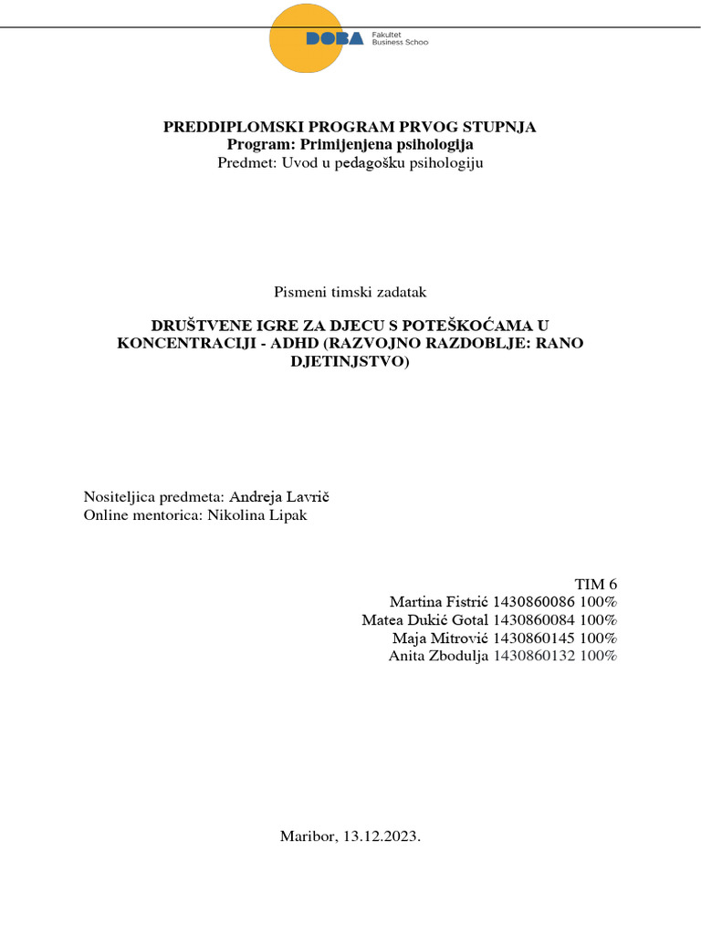 Drustvene Igre Za Djecu S Poteskocama U Koncentraciji | PDF
