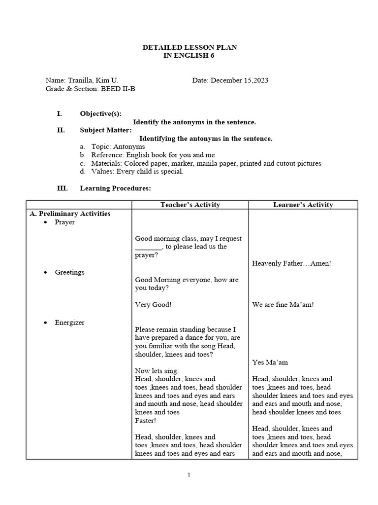 DETAILED LESSON PLAN Templates | PDF