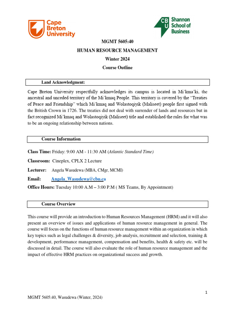 MGMT 5605-40 - Angela Wasudewa Course Outline | PDF | Human Resource ...