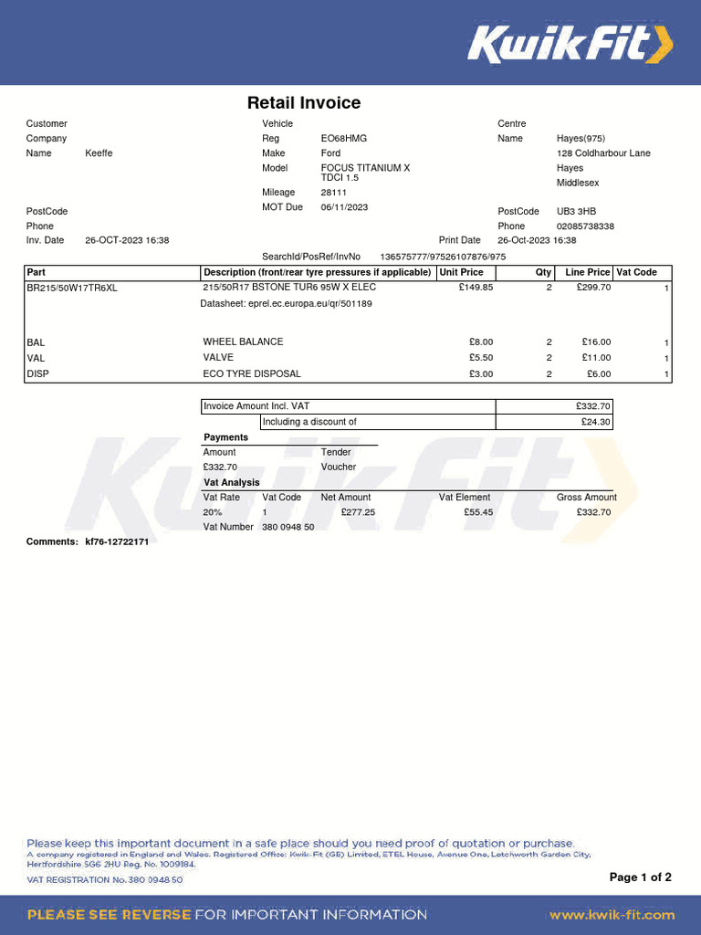 Retail Invoice: Description (Front/rear Tyre Pressures If Applicable ...