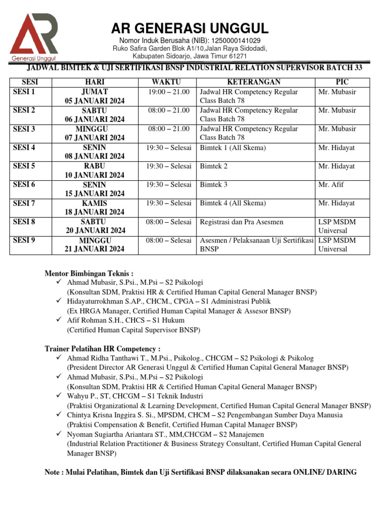 Jadwal Bimtek HR Competency Batch 78 BNSP Ir Supervisor Batch 33 | PDF