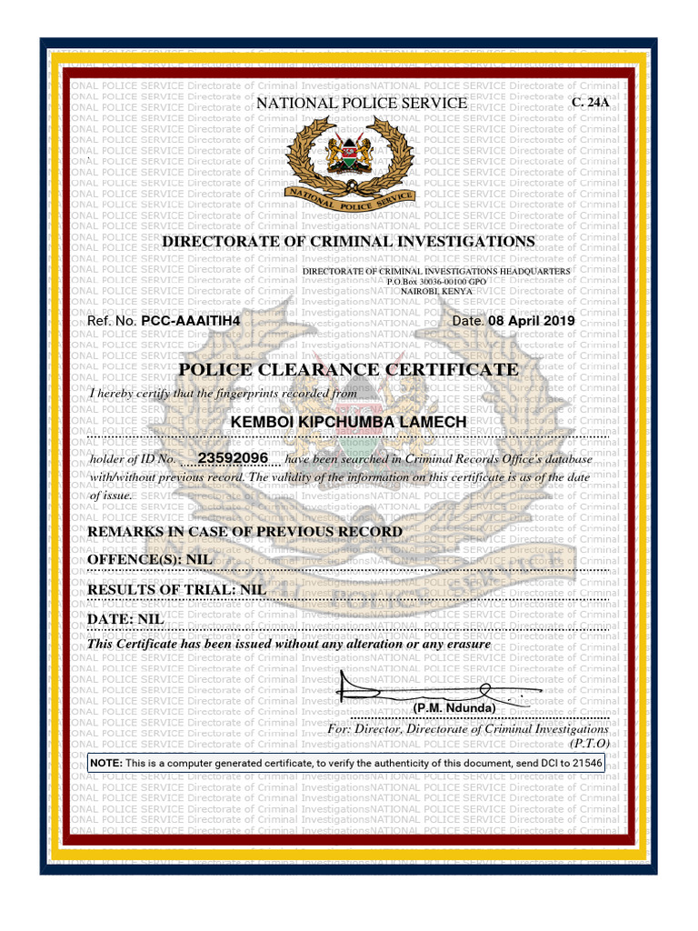 Police Clearance Certificate Sample | PDF | Finance & Money Management