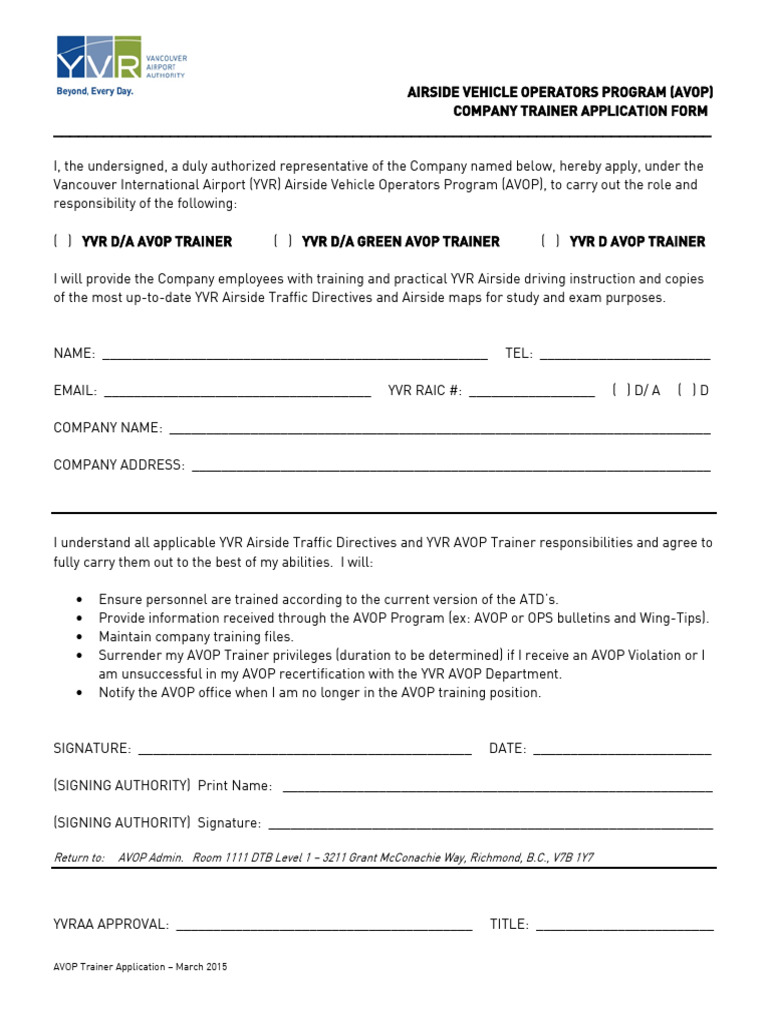 Airside Vehicle Operators Program Company Trainer Examiner Application ...