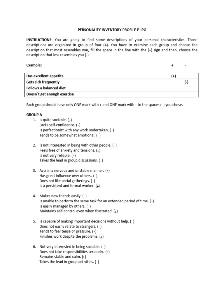 Personality Inventory Profile Guide | PDF | Thought | Psychology