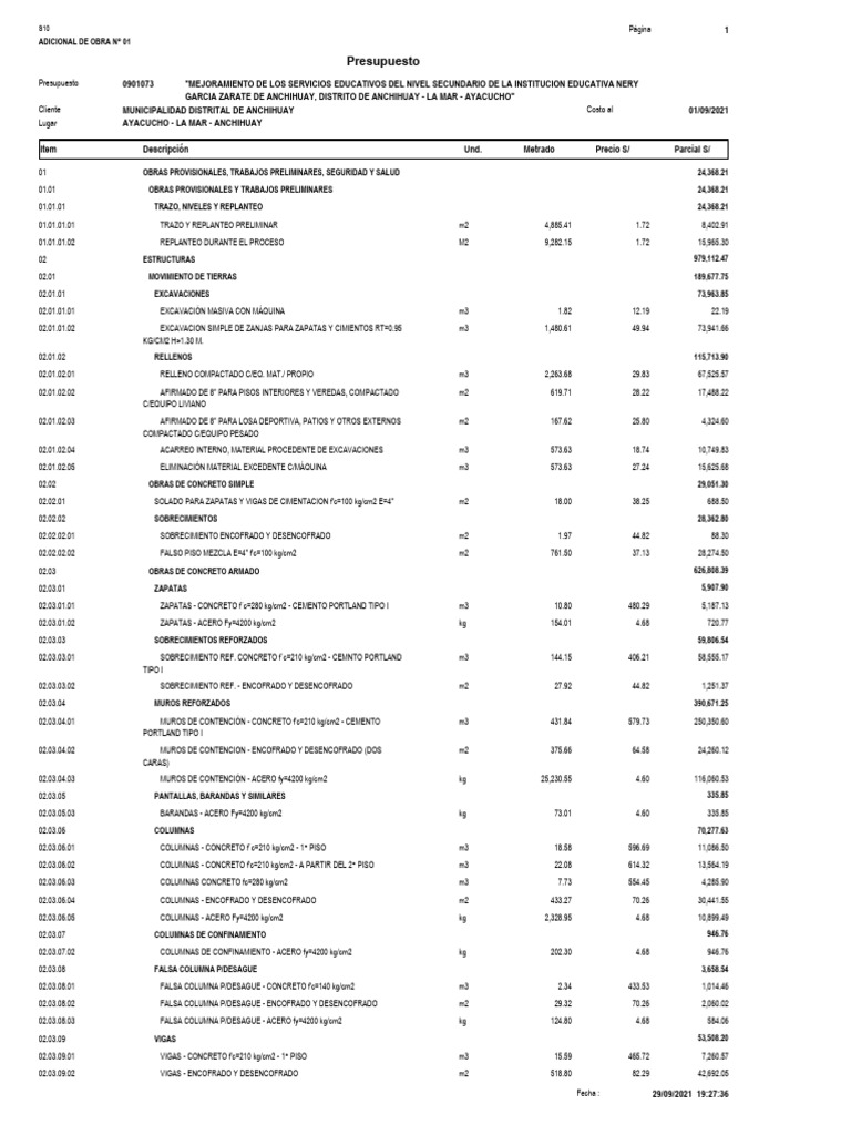 Adicional de Obra N° 01 | PDF | Hormigón | Tubería (transporte de fluidos)