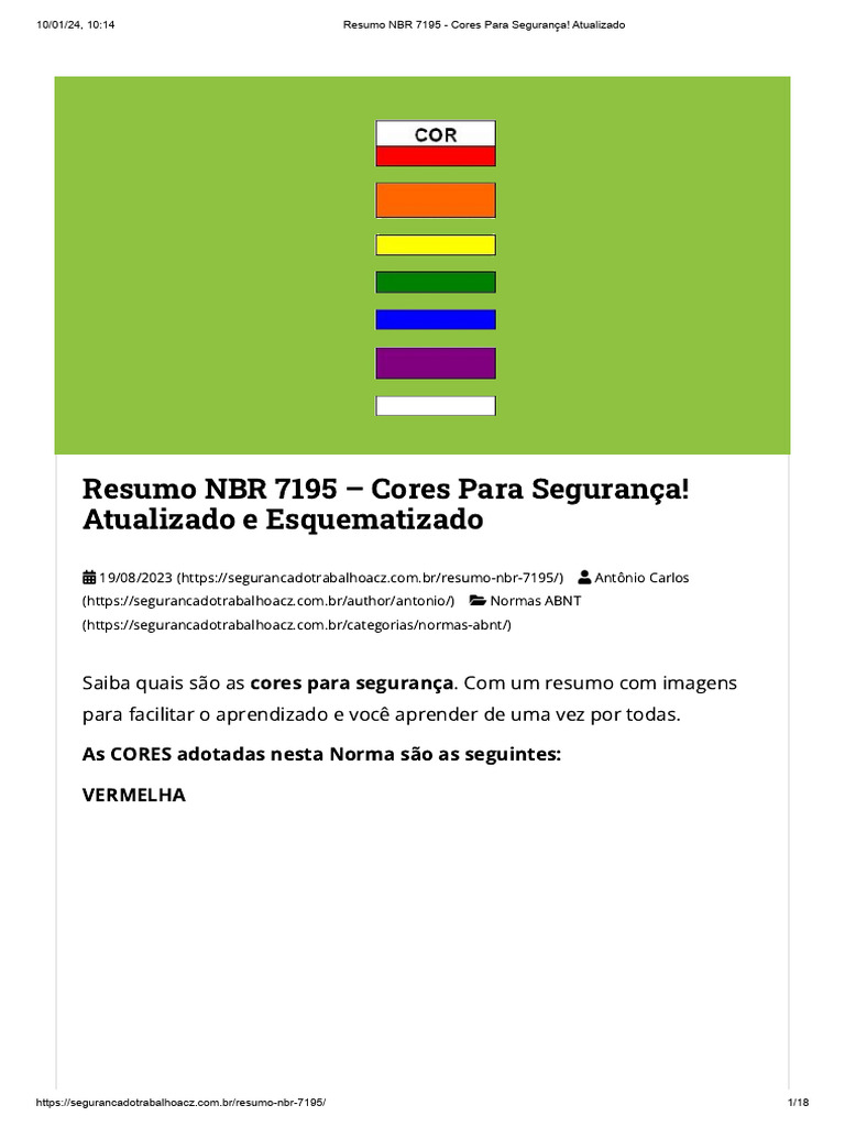 Resumo NBR 7195 - Cores para Segurança! Atualizado | PDF ...
