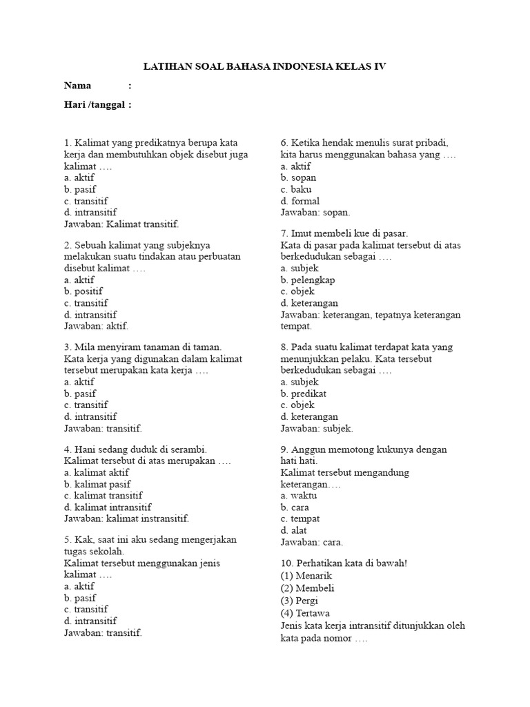 Latihan Soal Bahasa Indonesia Kelas Iv | PDF