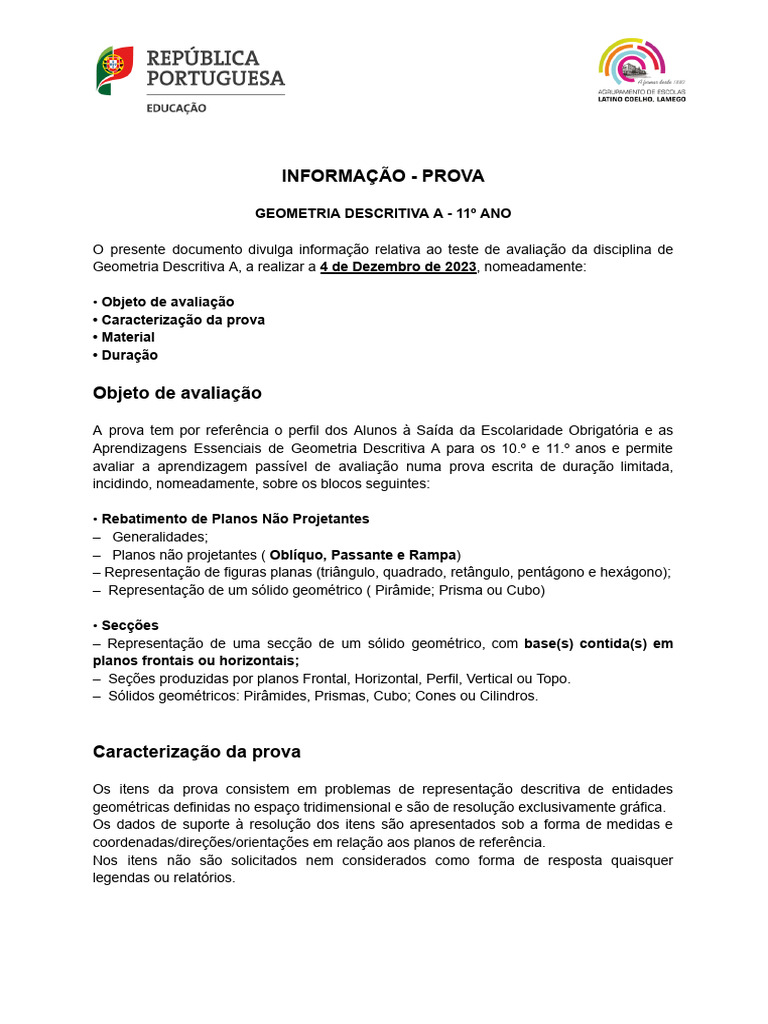Informação Prova G.D. 04.12.2023 | PDF | Geometria
