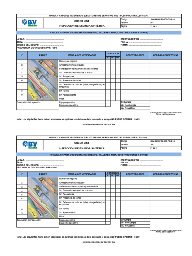 Bv-Rau-Sso-Ies-For-14 Check List de Inspección Eslingas Sintetica | PDF ...