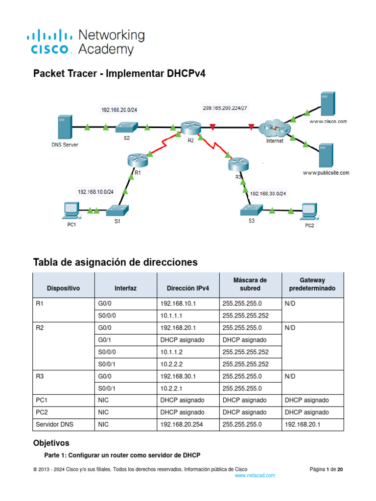 Packet Tracer - Implement DHCPv4 - Estudiante | PDF | Dirección IP | Arquitectura de Computadores