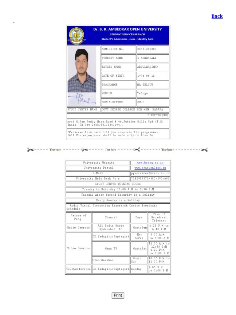 BRAOU Student ID Card Information | PDF