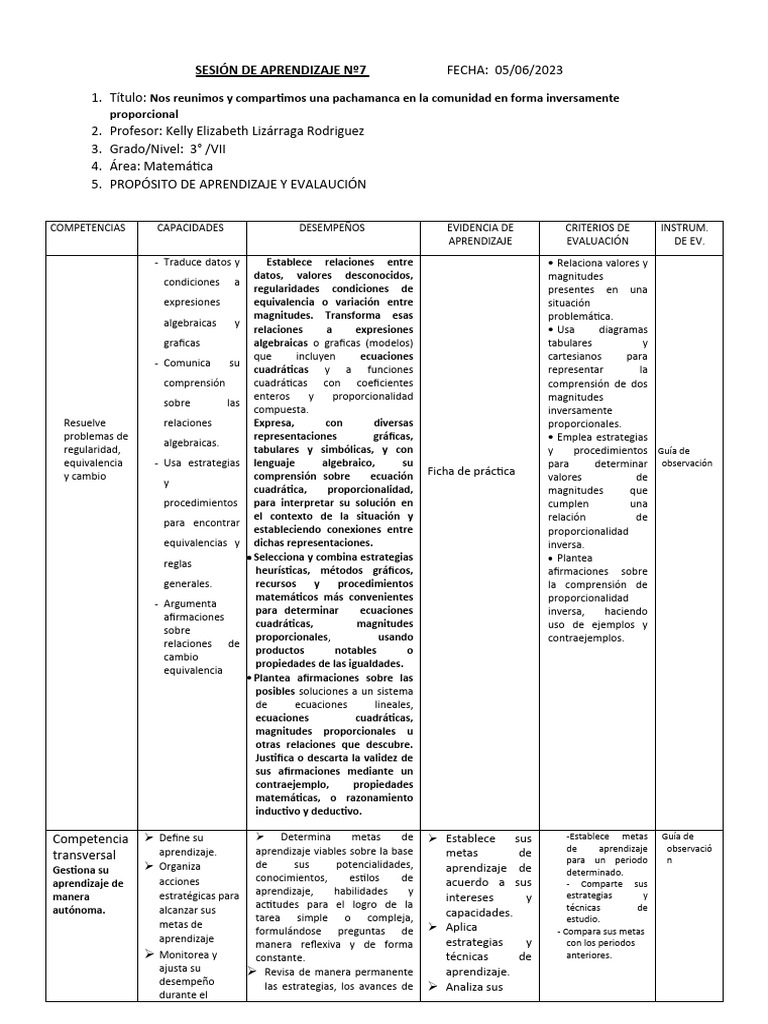 SESIÓN DE APRENDIZAJE #7-3ro | PDF | Aprendizaje | Ecuaciones