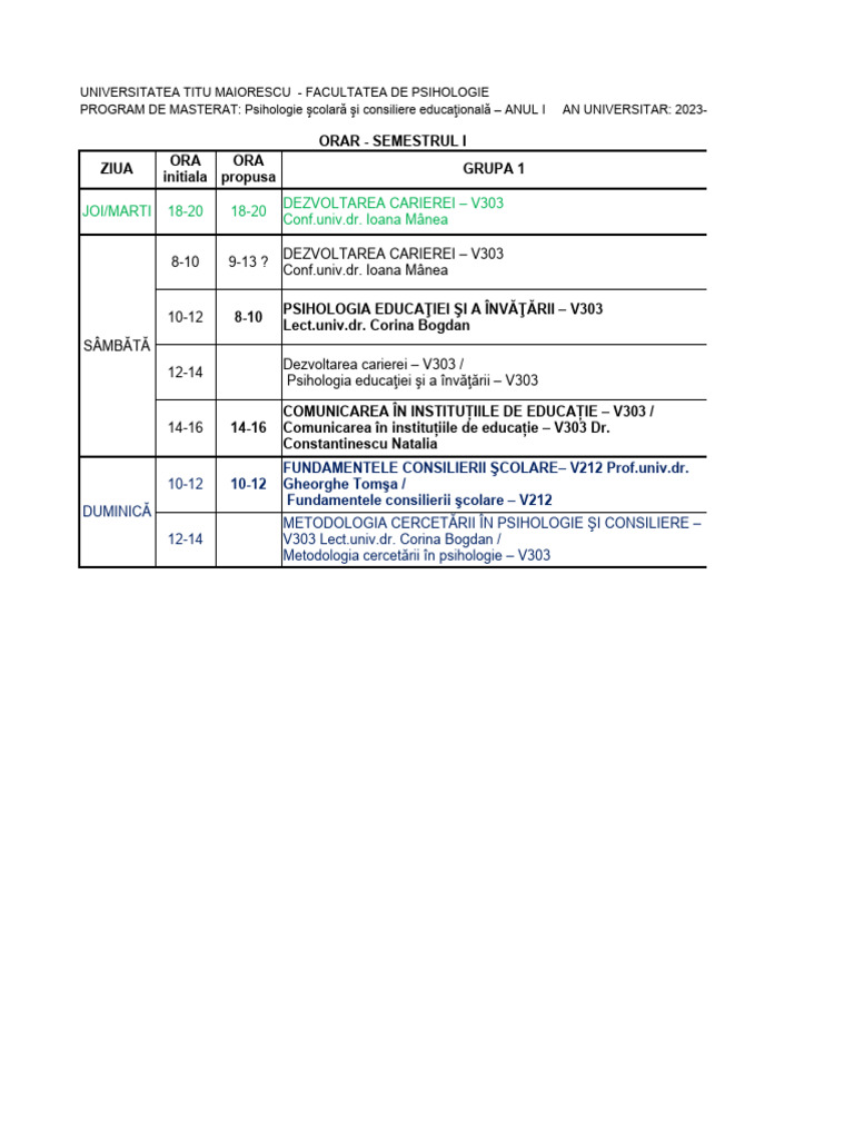 ORAR Master AN 1 2023 - Sem. I | PDF